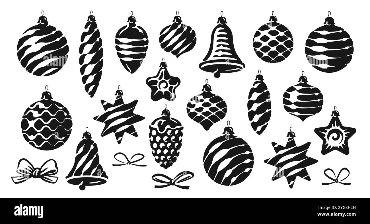 Christmas balls, bells and bows set. New year decorations collection ...