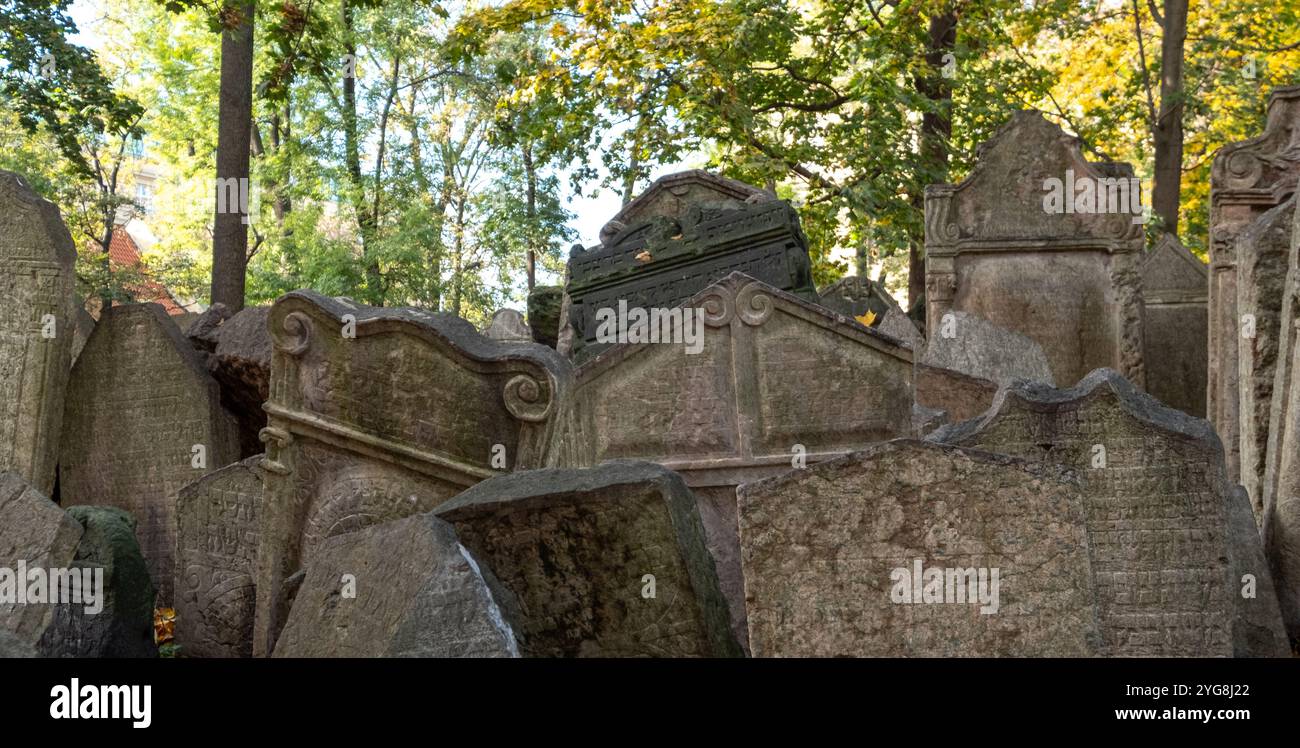 Historic gravestones in the crowded Old Jewish Cemetery in the Prague ...