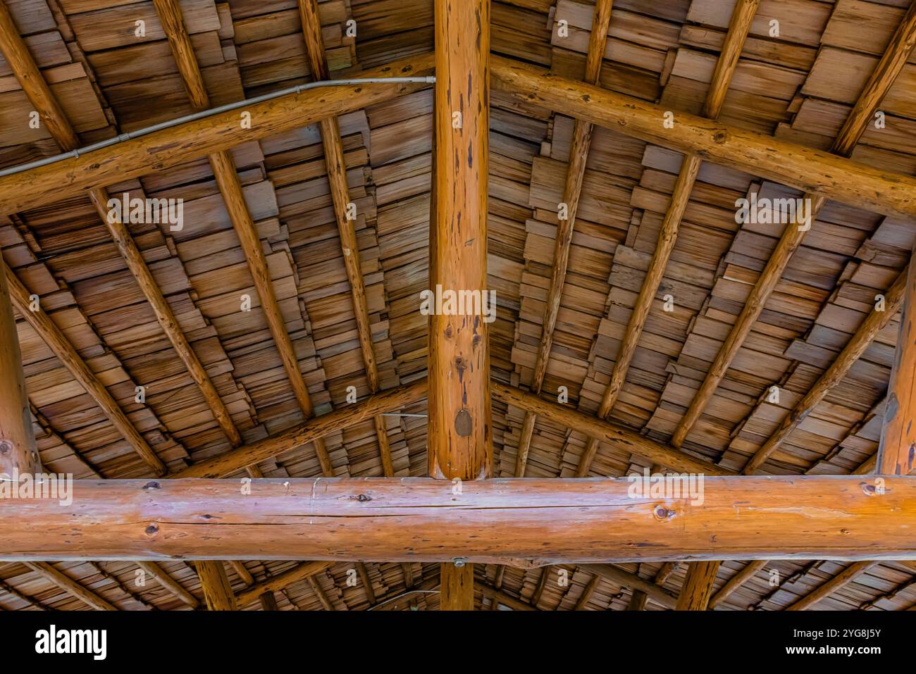 Rustic picnic shelter with heavy timber beams built in the 1950s in ...