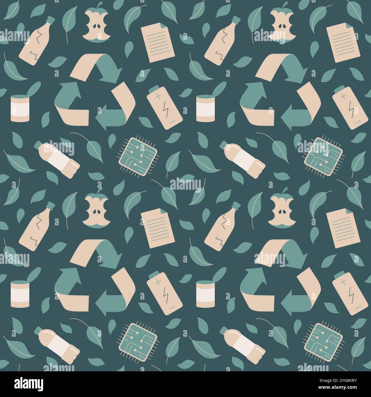 Seamless pattern featuring recycling symbols, waste items like bottles ...