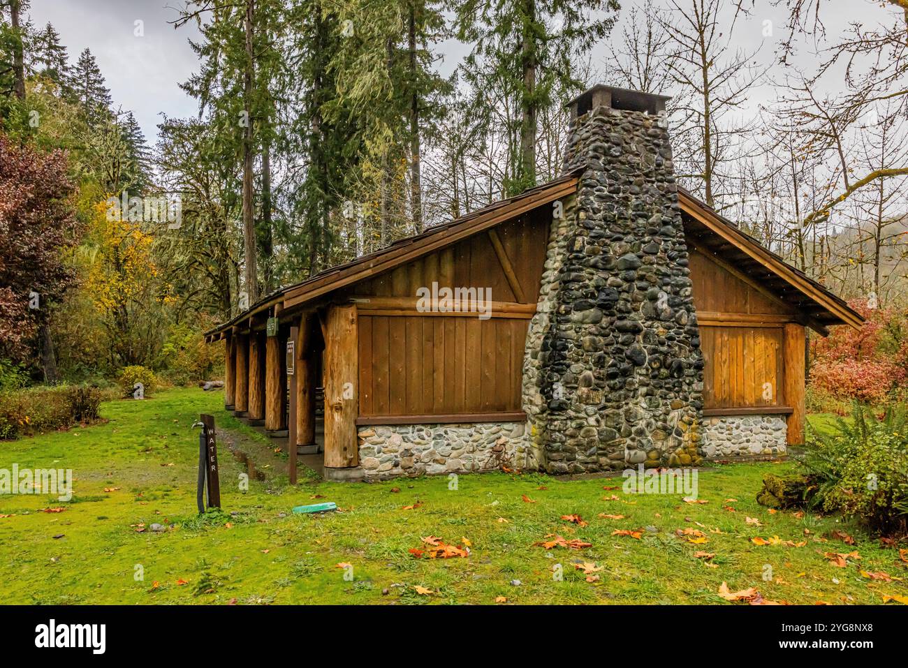 Rustic picnic shelter with river rock fireplace built in the 1950s in ...