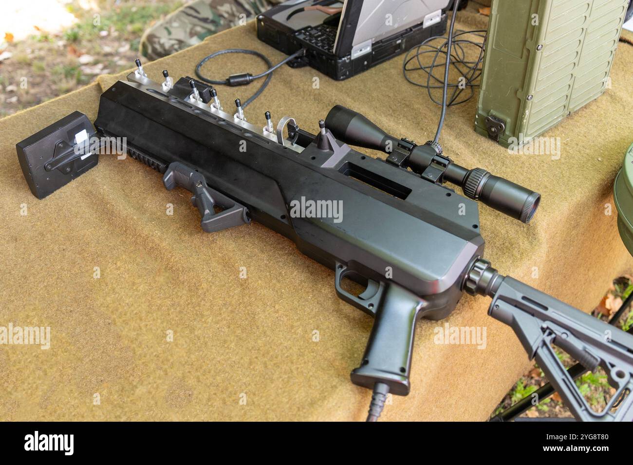 Modern anti-drone weapon with scope and additional equipment Stock ...