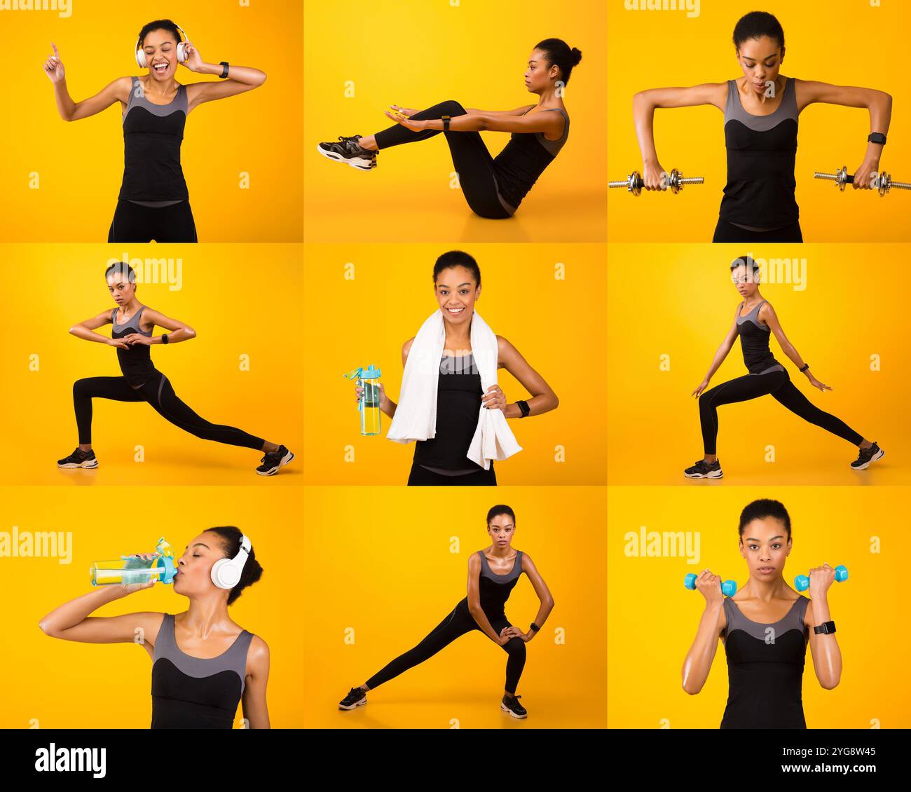 Dynamic workout collage featuring a woman engaging in various exercises ...