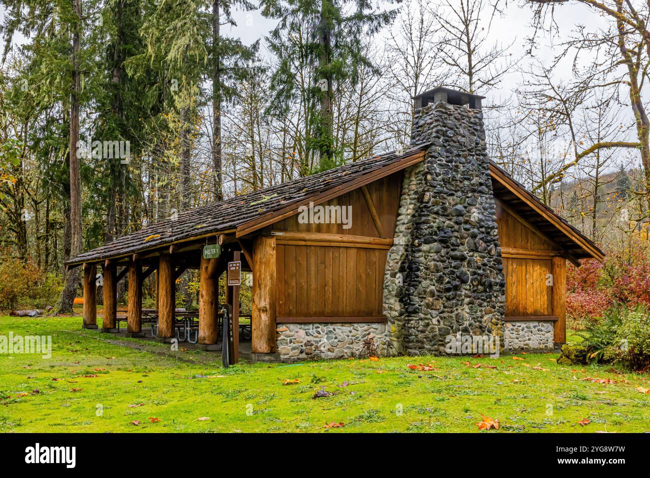Rustic picnic shelter with river rock fireplace built in the 1950s in ...
