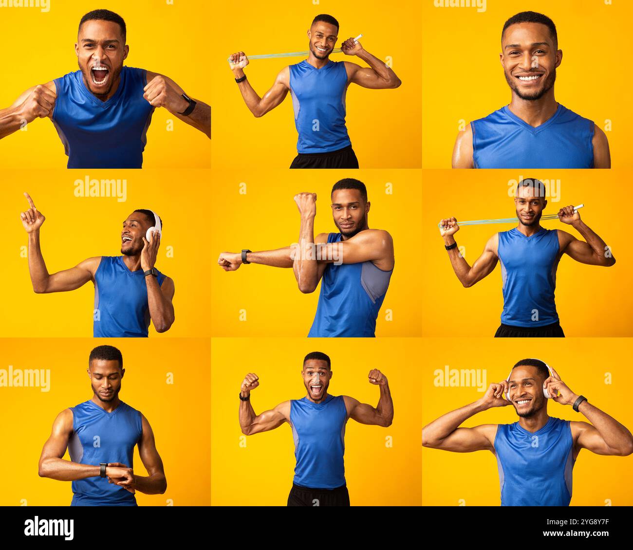 Energetic young man showcasing fitness poses against a vibrant yellow ...