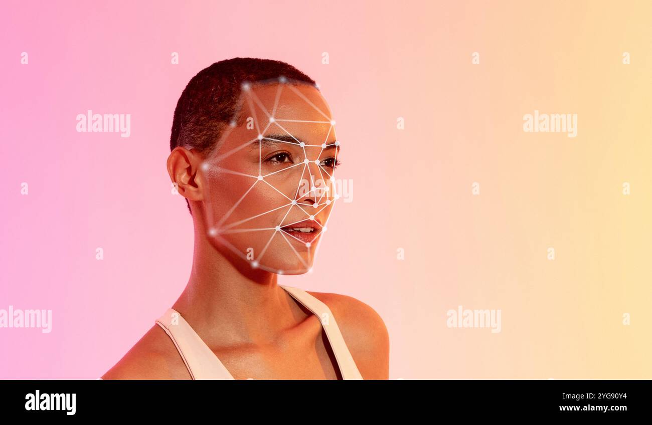 Woman with facial recognition grid model in a vibrant pink backdrop ...