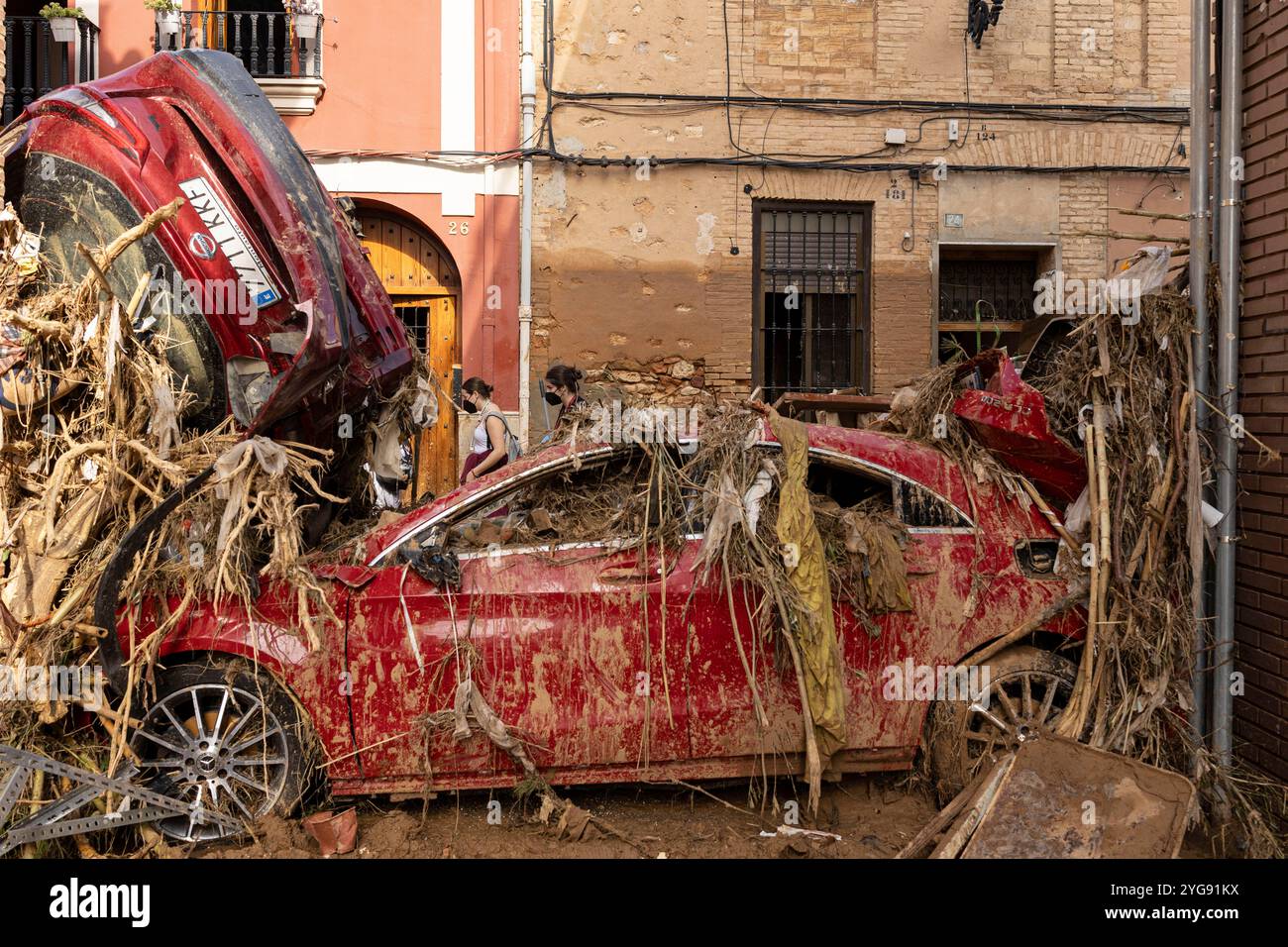 Paiporta, Valencia, Spain. 5th Nov, 2024. Damaged cars are seen on a ...