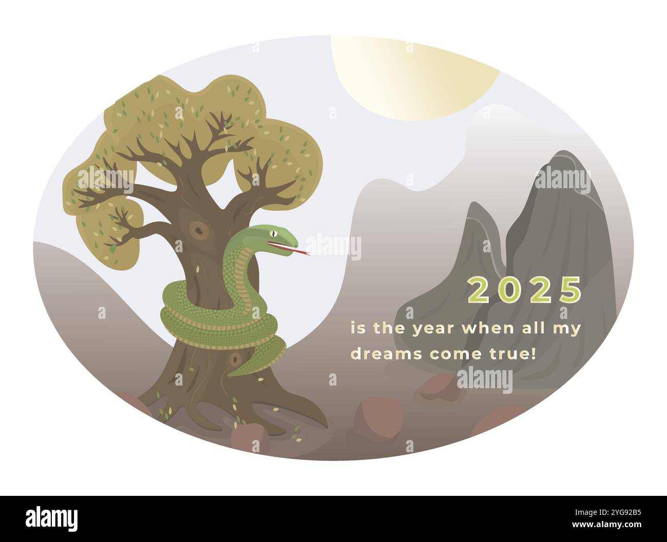 Green snake wraps around a tree, vector colorful oval illustration with ...