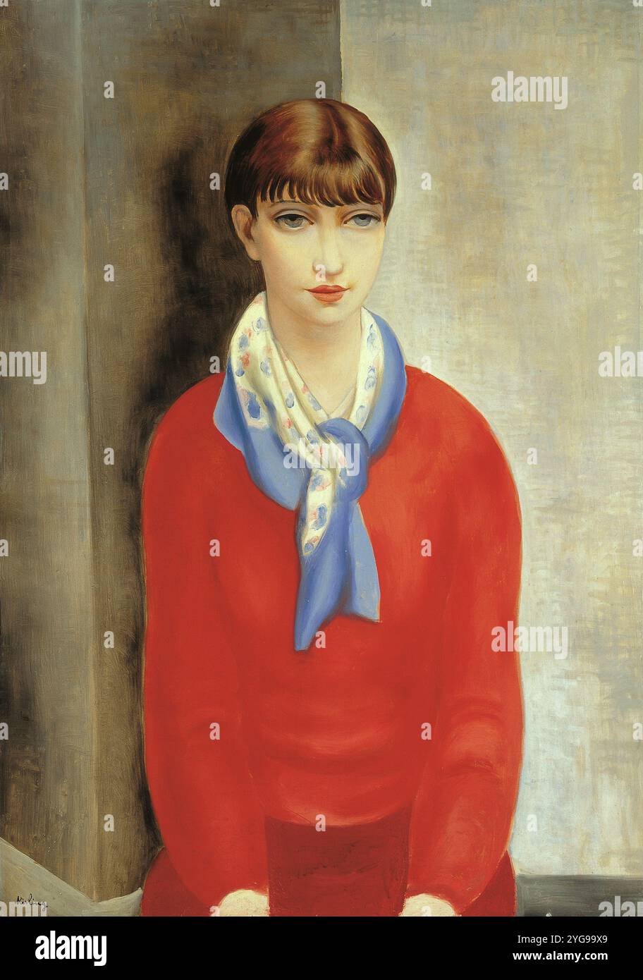 Kiki de Montparnasse in a red jumper and a blue scarf, vintage artwork by Moise Kisling Stock ...