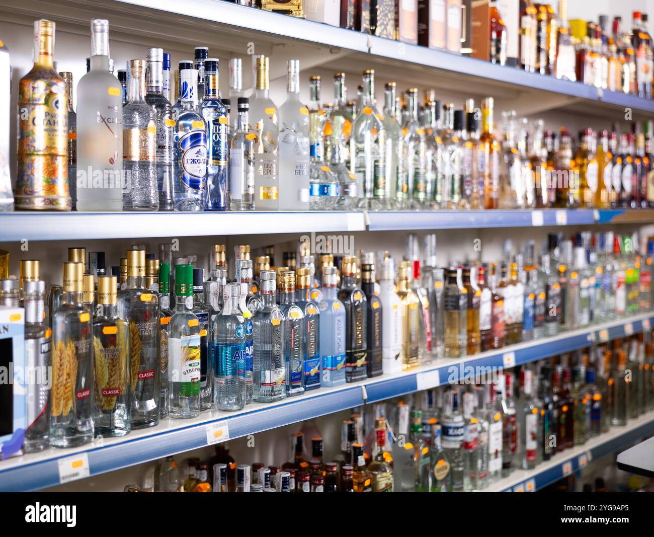 Russian goods store shelves have wide range of strong alcoholic drink ...