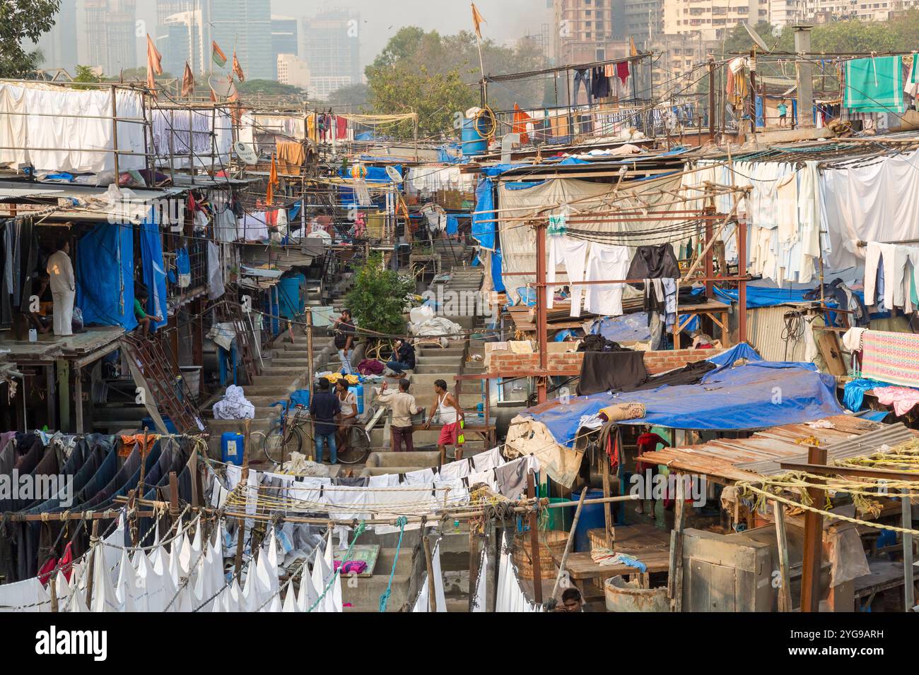 India, Mumbai. Dhobi Ghat (Mahalaxmi Dhobi Ghat), open air laundromat ...