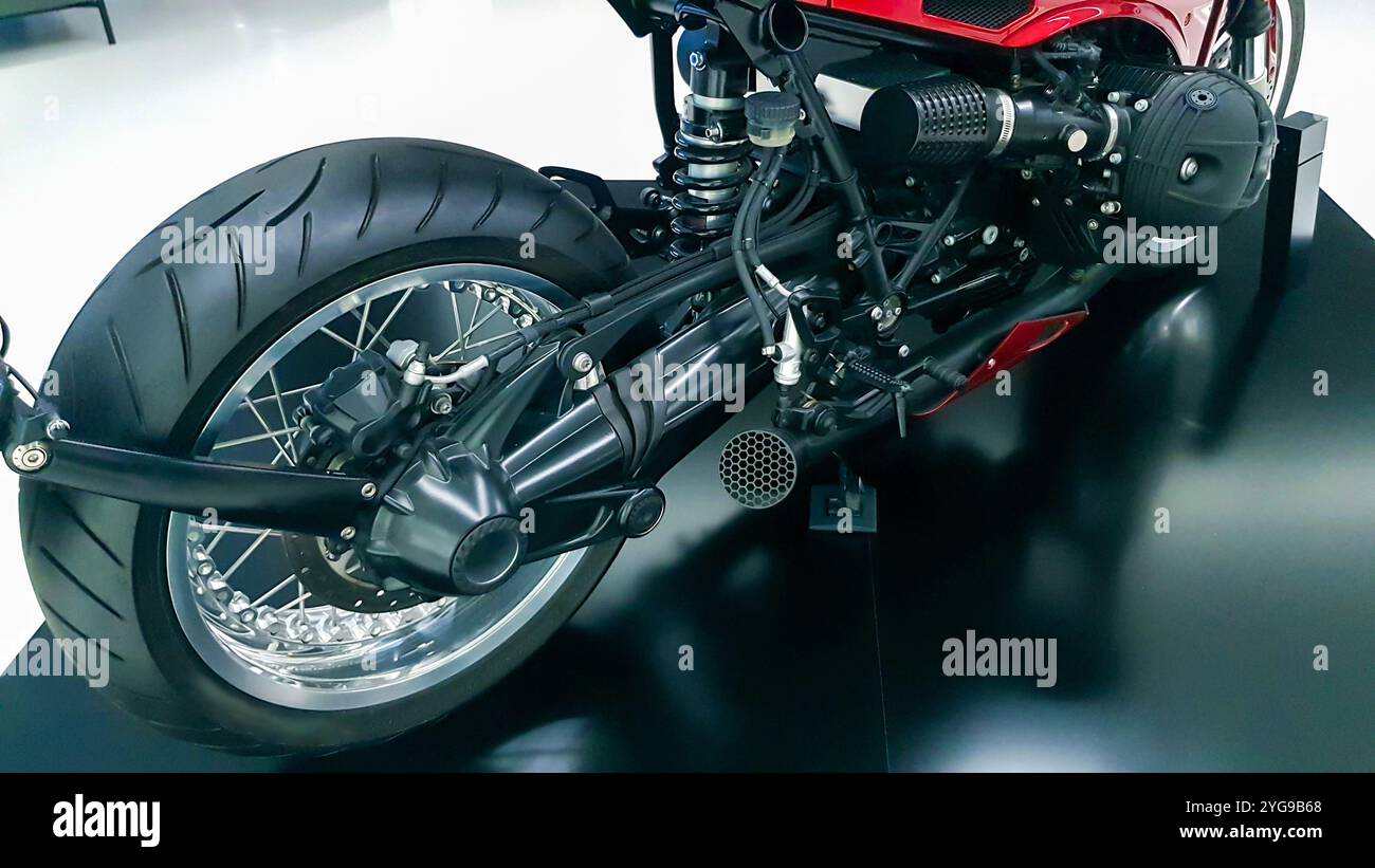 Side view of rear wheel of exposed luxury motorcycle Stock Photo - Alamy