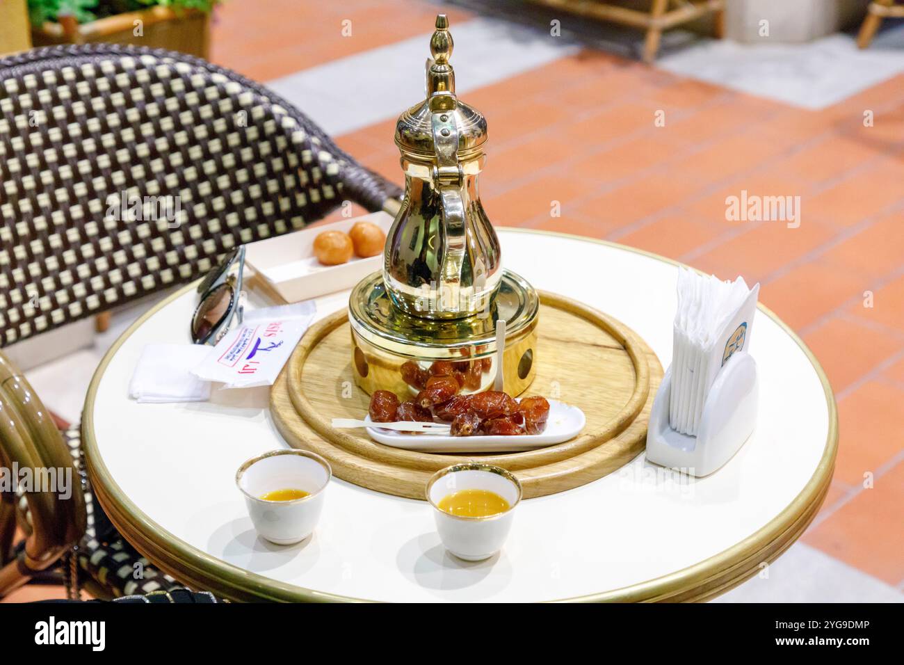 Qatar, Doha. Interior of a coffee cafe. Traditional Middle East coffee ...
