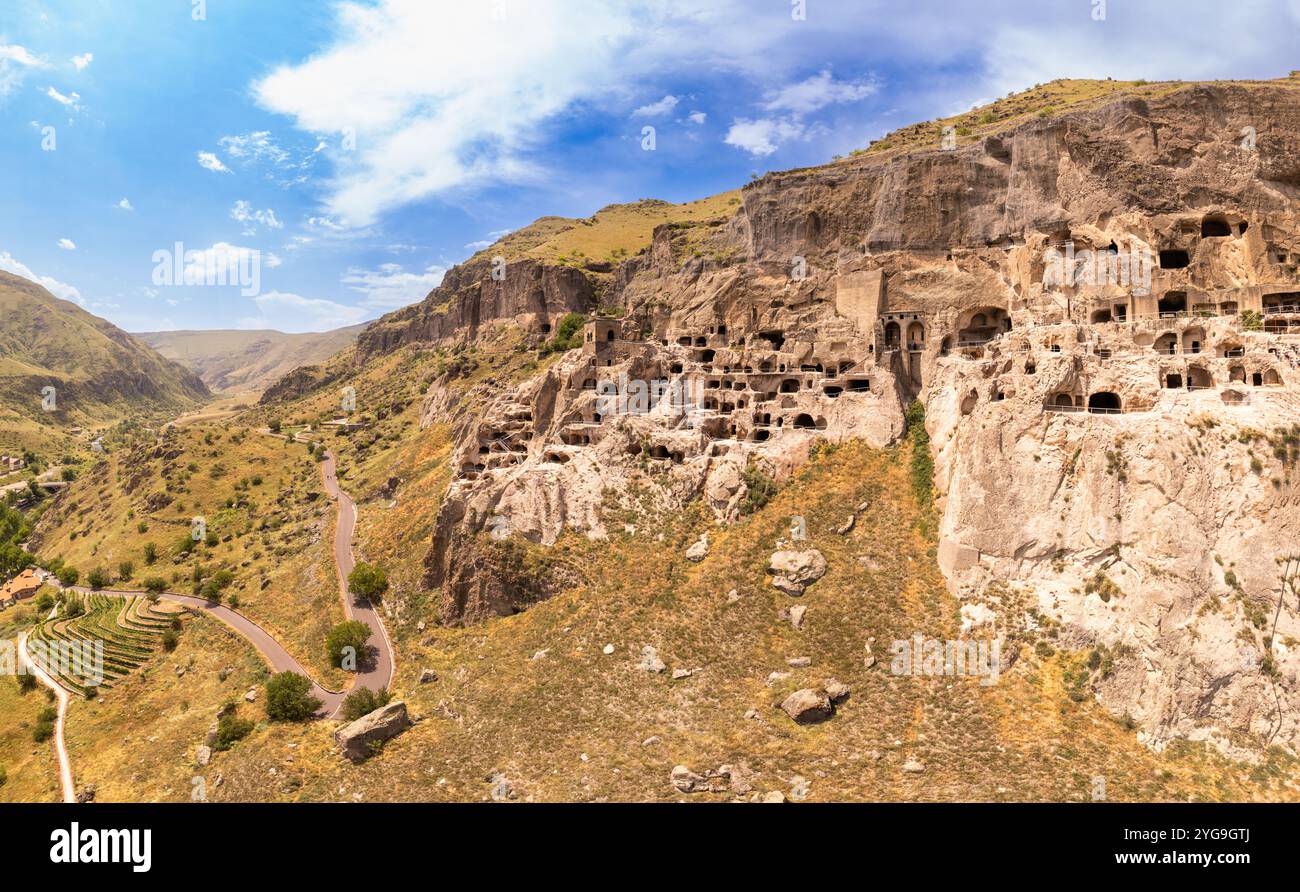 Aerial top view of Vardzia city on sunny summer day. Ancient cave ...