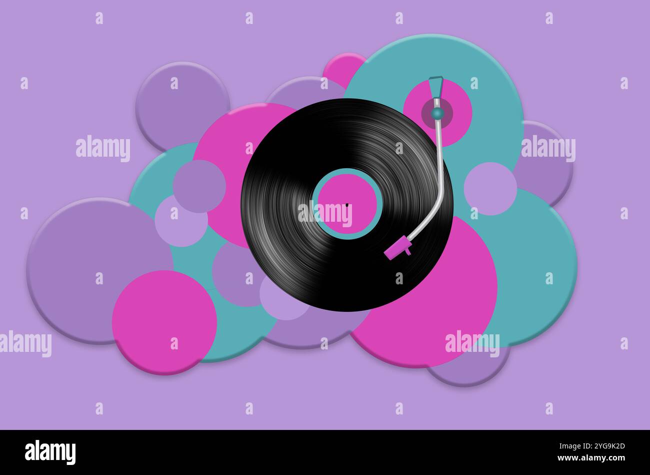 A vinyl record album is seen on a turn table in a field of colorful ...