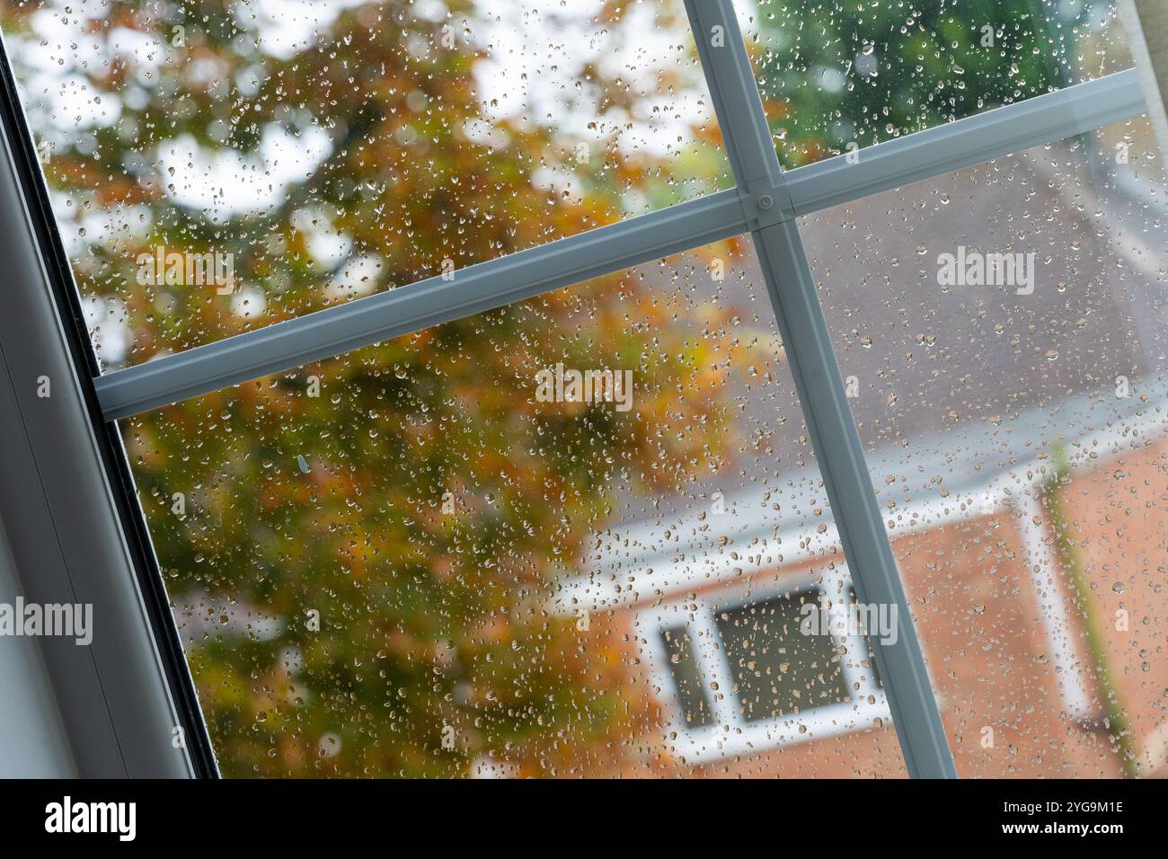 Raindrops hitting a window on a rainy autumn day in Basingstoke with ...
