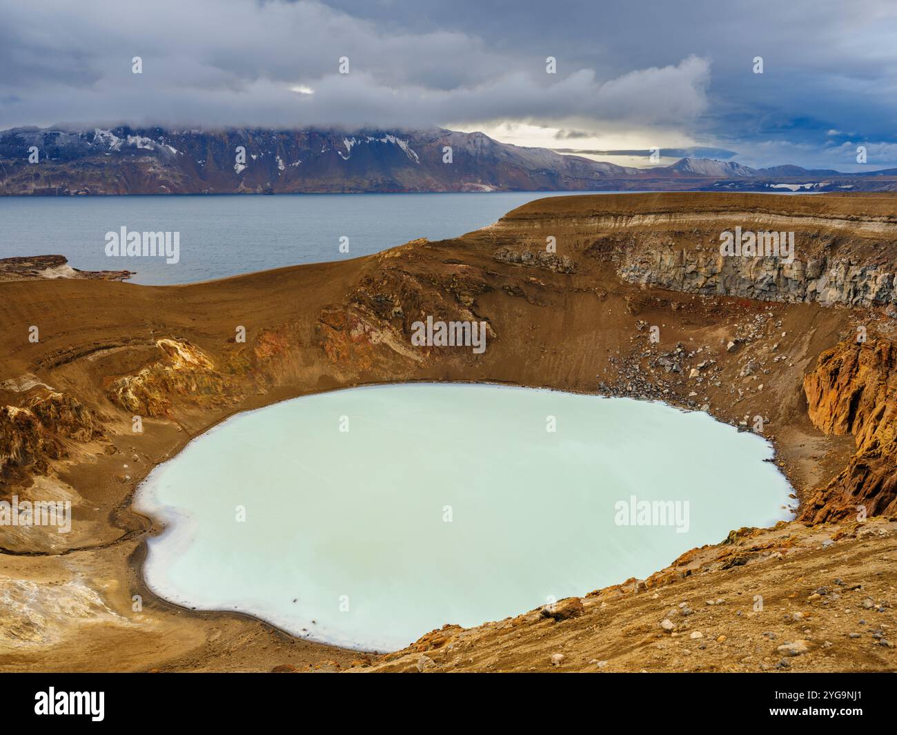 The small volcanic lake called Viti in volcano Askja. Lake Oskjuvatn in ...
