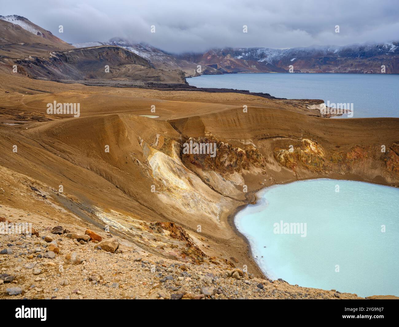 The small volcanic lake called Viti in volcano Askja. Lake Oskjuvatn in ...