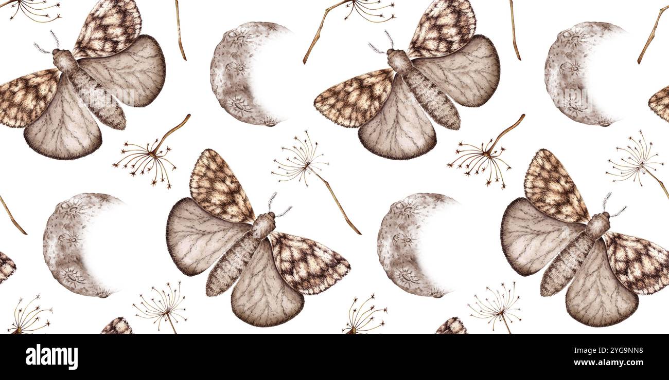 Butterfly, moon and grass pattern in brown and beige tones watercolor ...
