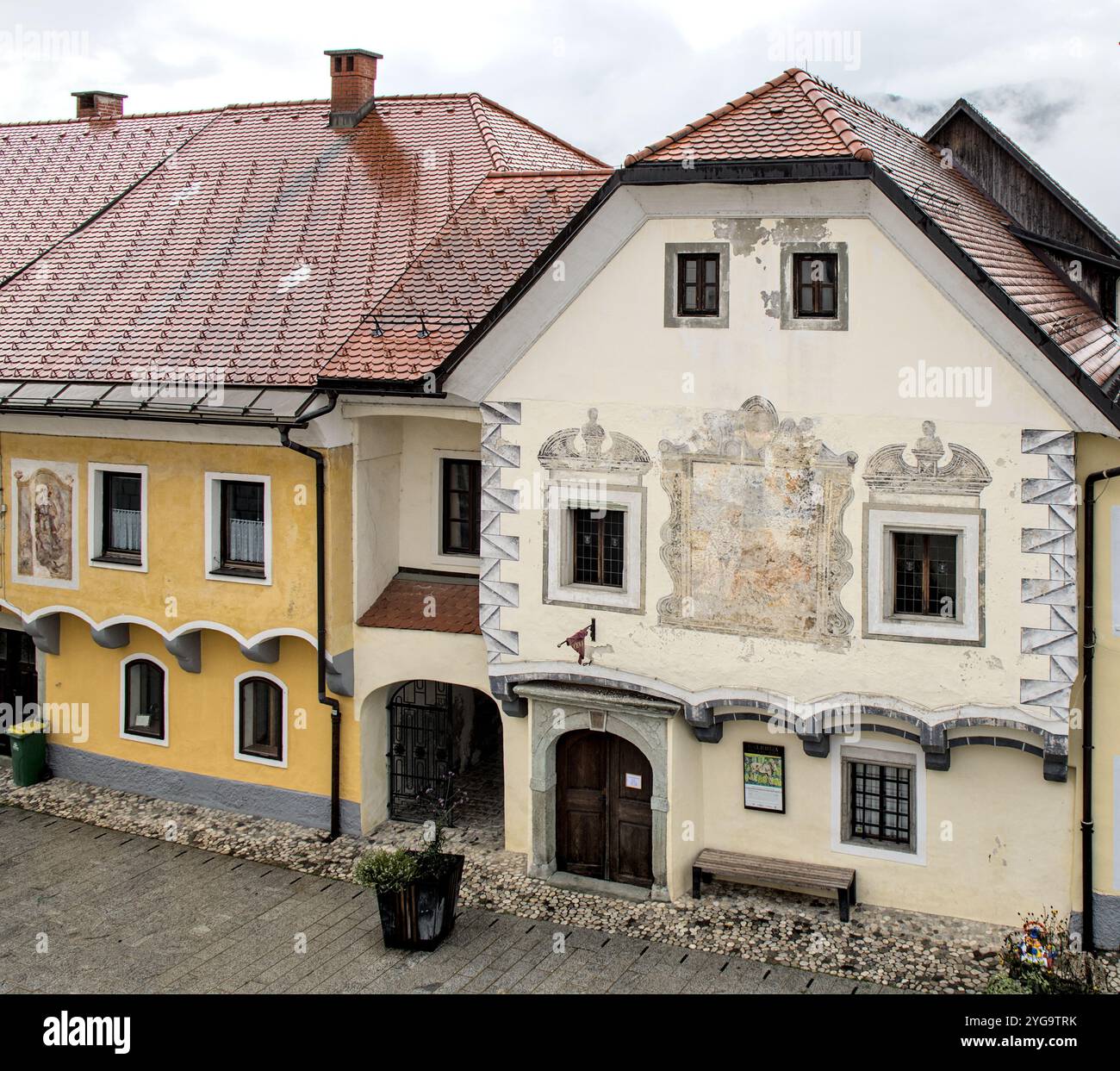 Colorful historic medieval European buildings in Radovljica, Slovenia ...