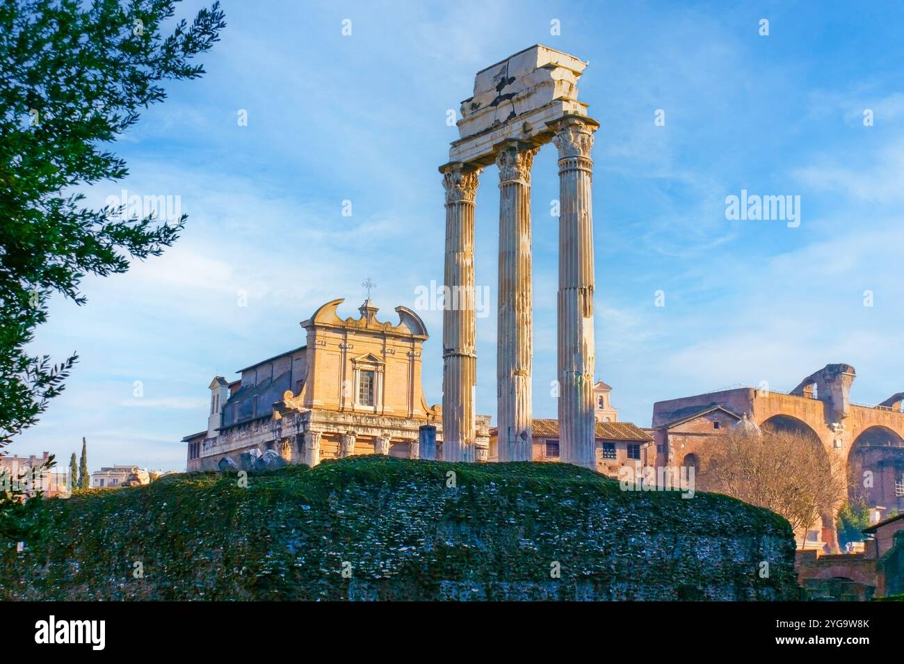 The three remaining pillars of the Temple of Castor and Pollux in the Roman Forum, Rome, Italy ...