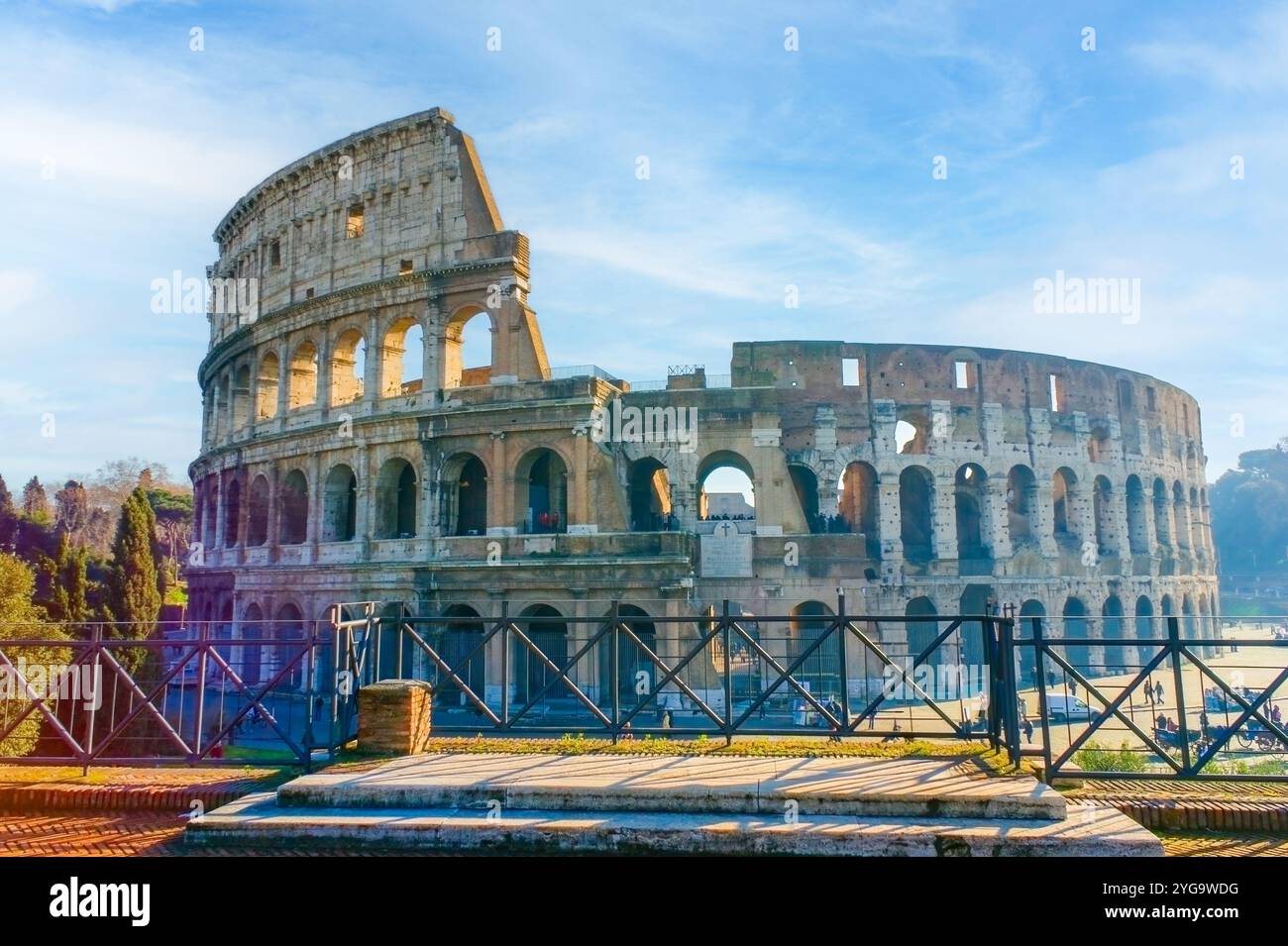 The great ancient Colosseo, the symbol of Rome, view from Roman Forum ...