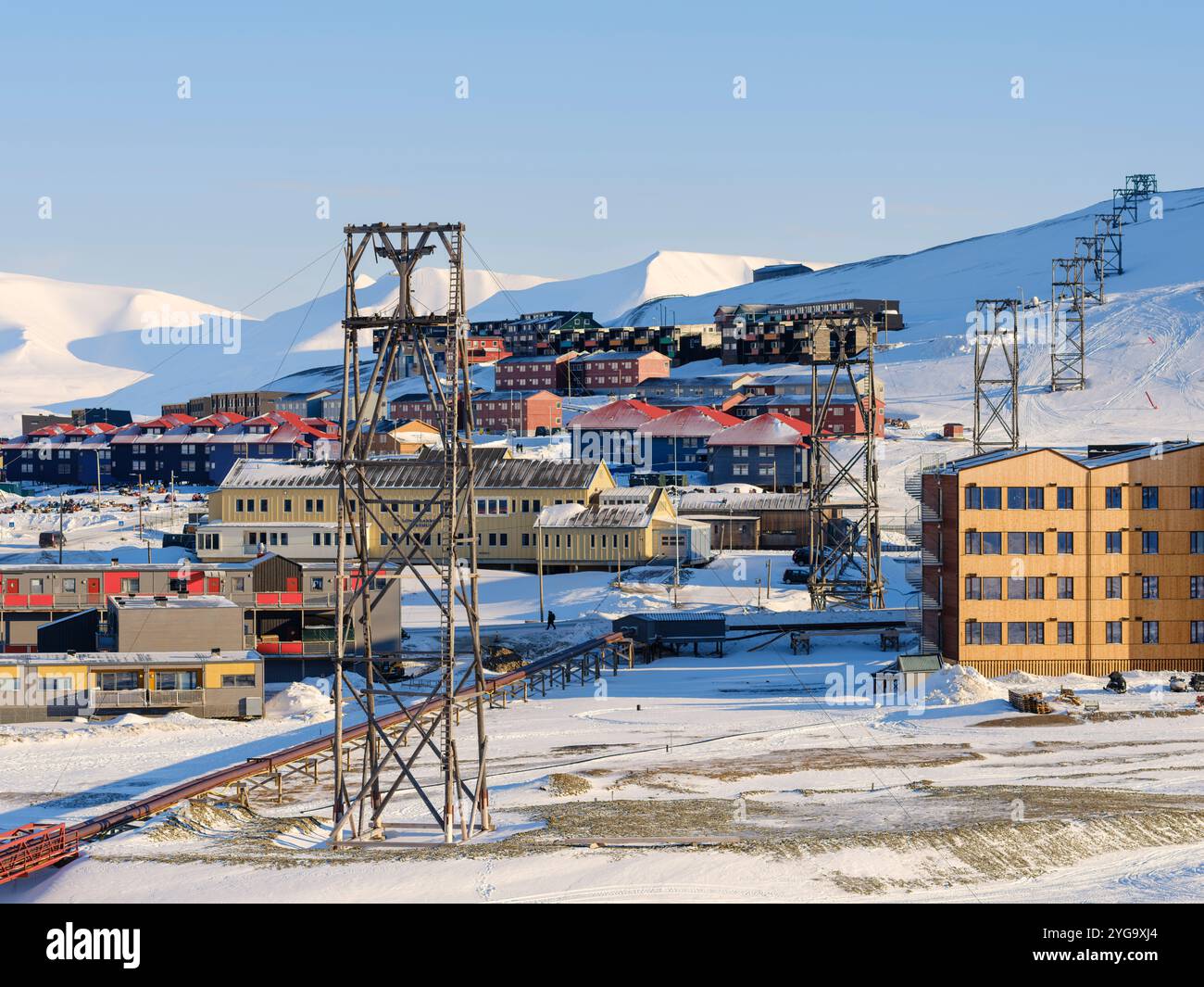 Historic masts of cable car. Longyearbyen, the capital of Svalbard on ...