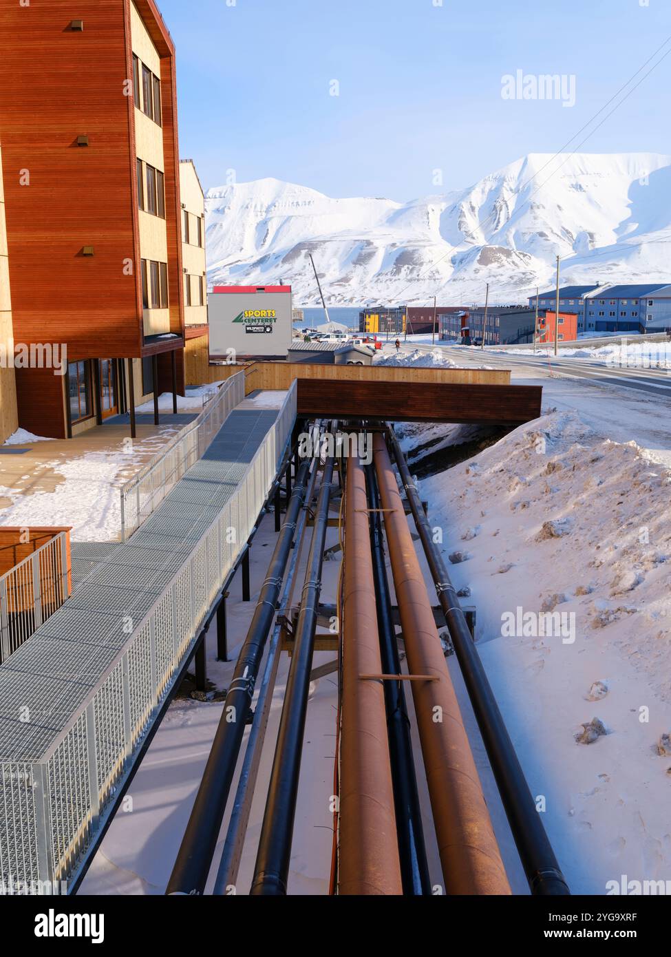 Pipe system. Longyearbyen, the capital of Svalbard on the island of ...