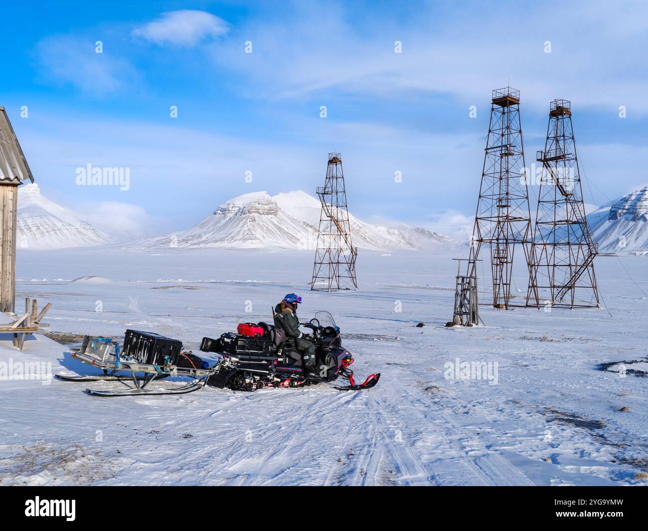 Snowmobile and Arctic Guide at Billefjorden. Winter landscape on the ...