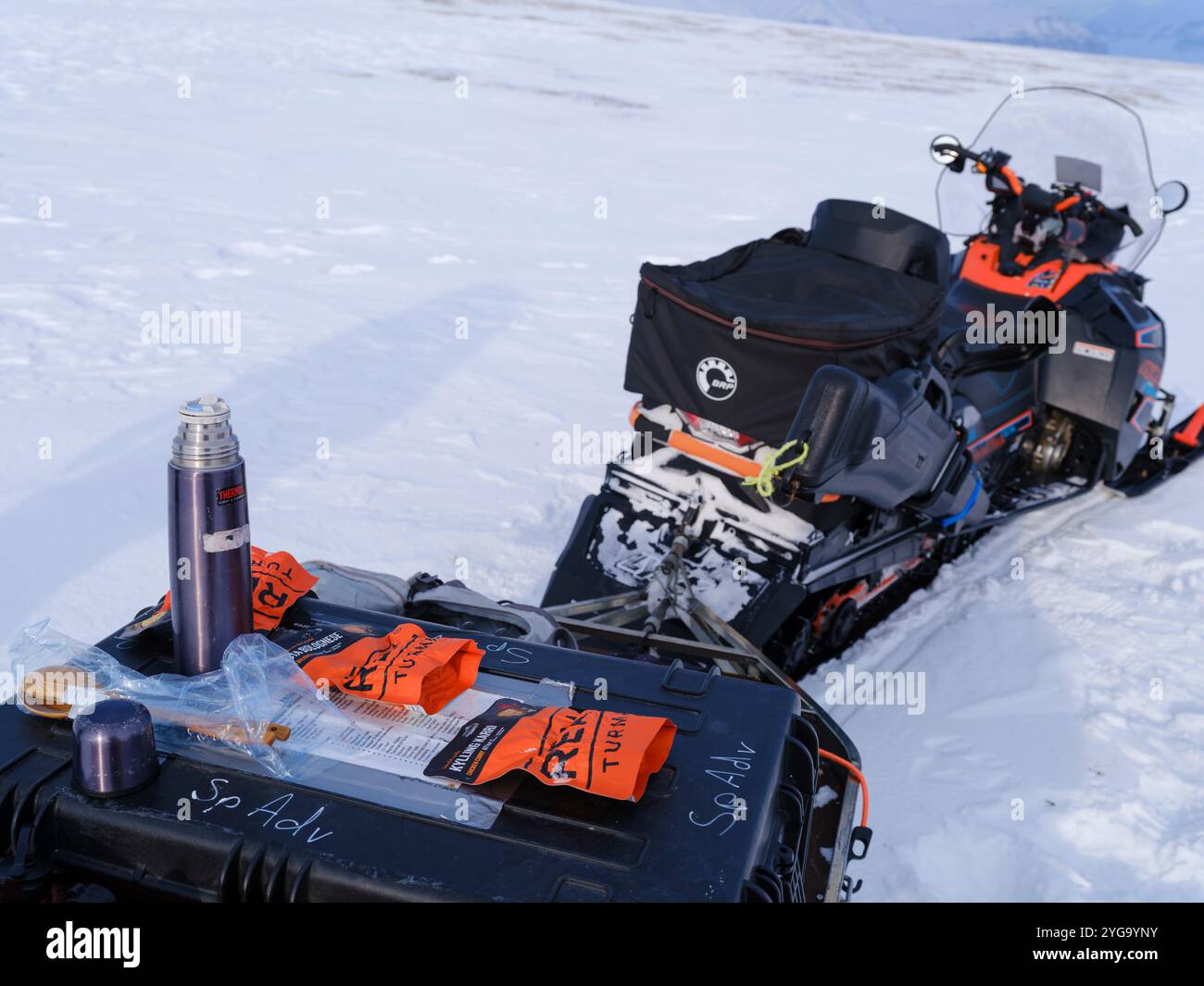 Food during a snowmobile expedition in Sassen-Buensow Land. Island ...