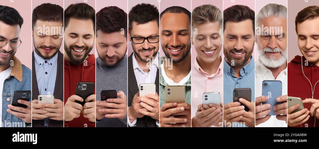 Different men with mobile phones on color background, collage. Modern ...