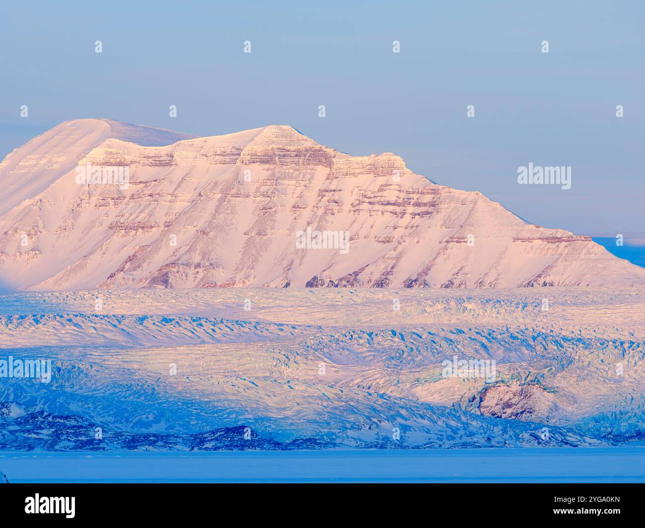 Glacier Nordenskioldbreen and frozen Billefjorden. Winter landscape on ...