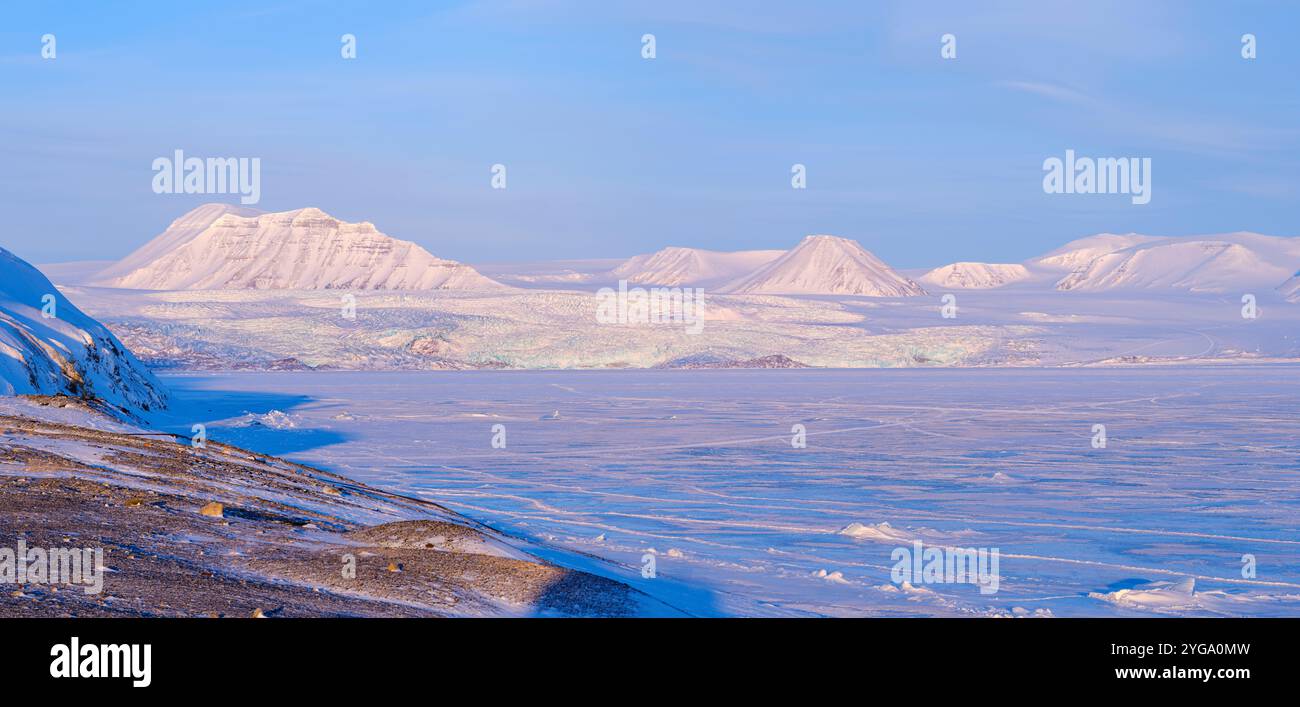 Glacier Nordenskioldbreen and frozen Billefjorden. Winter landscape on ...