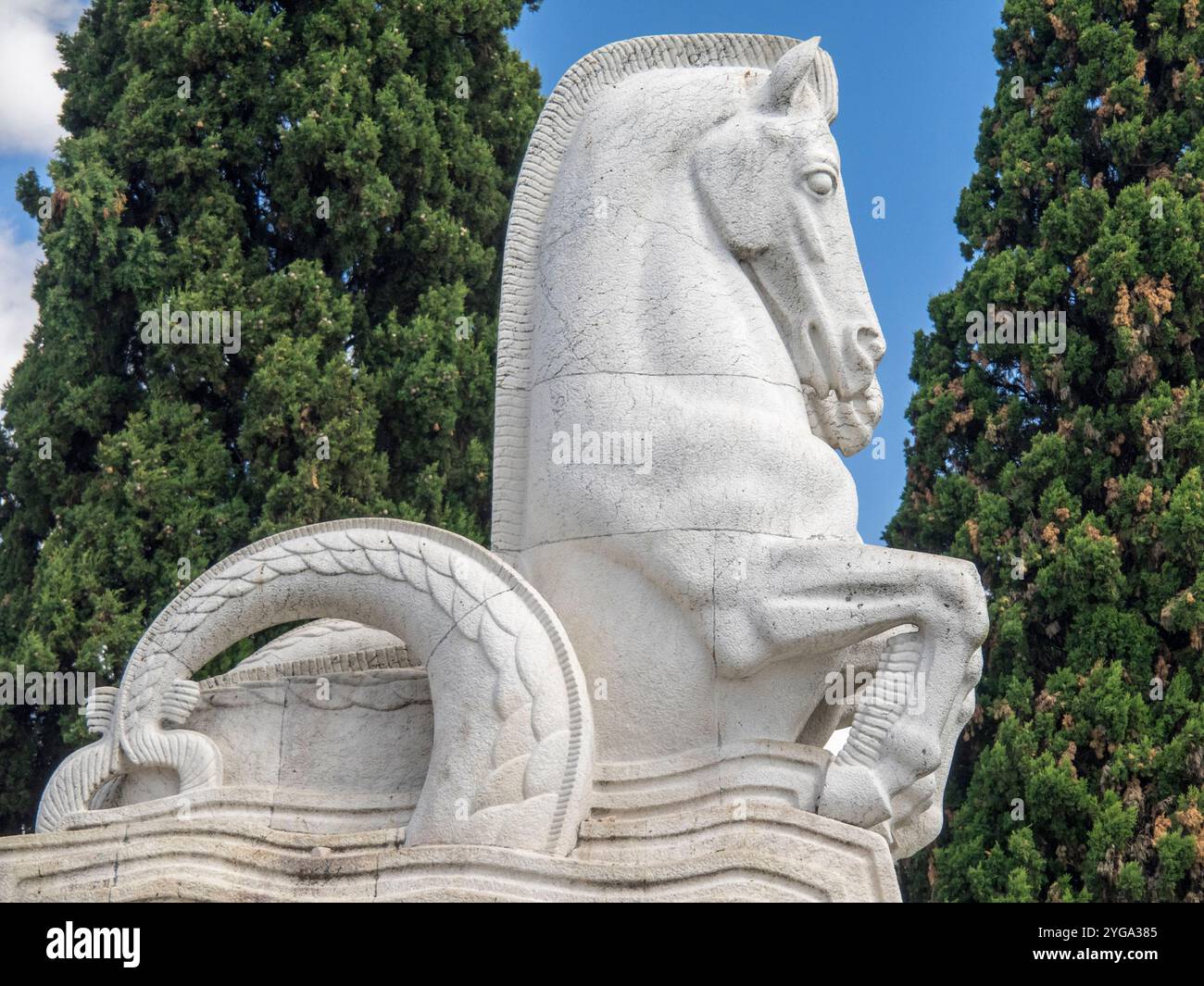 Portugal, Lisbon. Equestrian statue in the formal gardens of Jardim da ...
