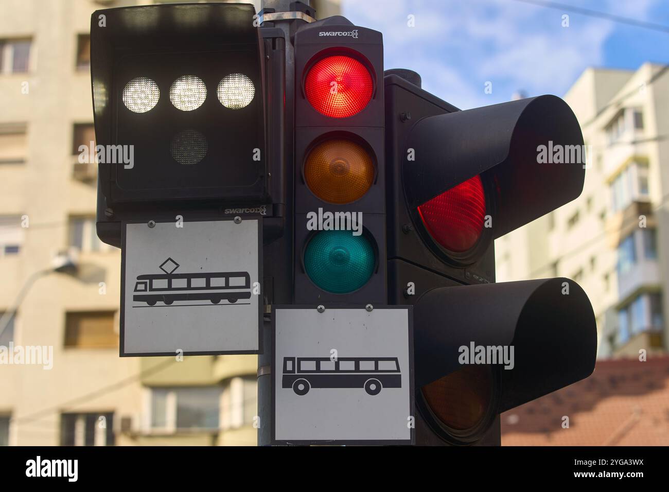 Bucharest, Romania - November 04, 2024: Traffic lights for cars, trams ...