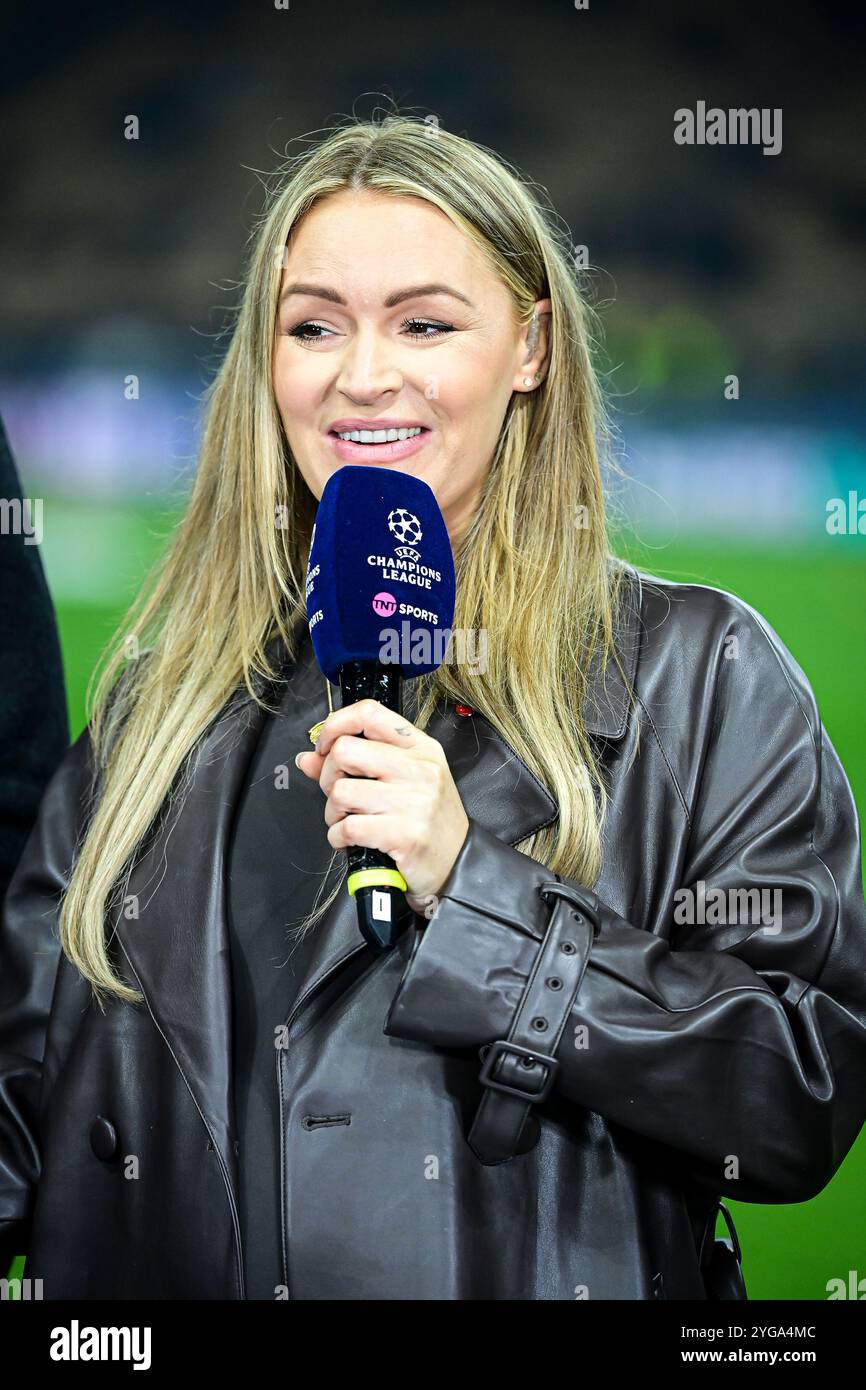 English presenter, Laura Woods, broadcasts ahead of the UEFA Champions ...