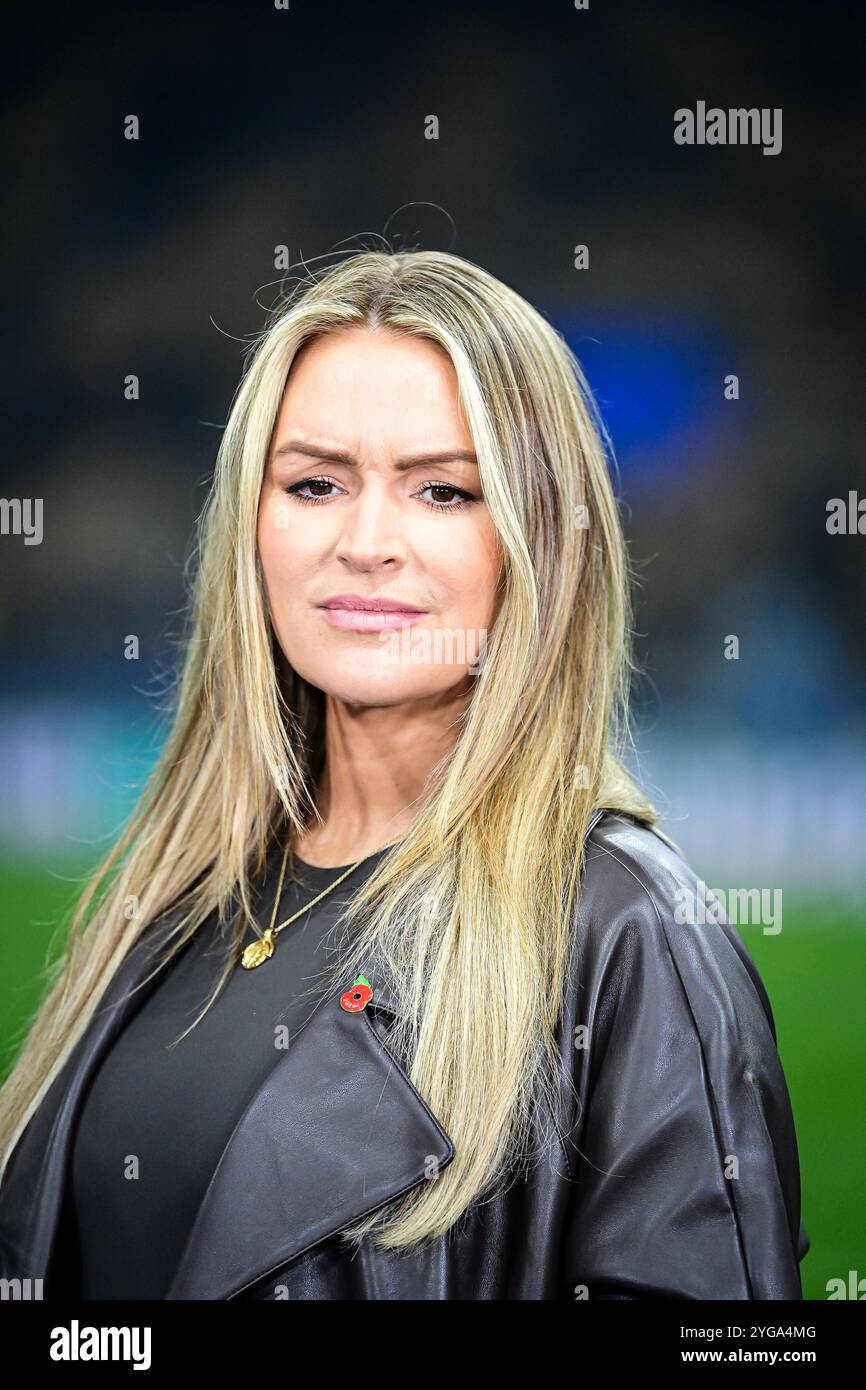 English presenter, Laura Woods, broadcasts ahead of the UEFA Champions ...