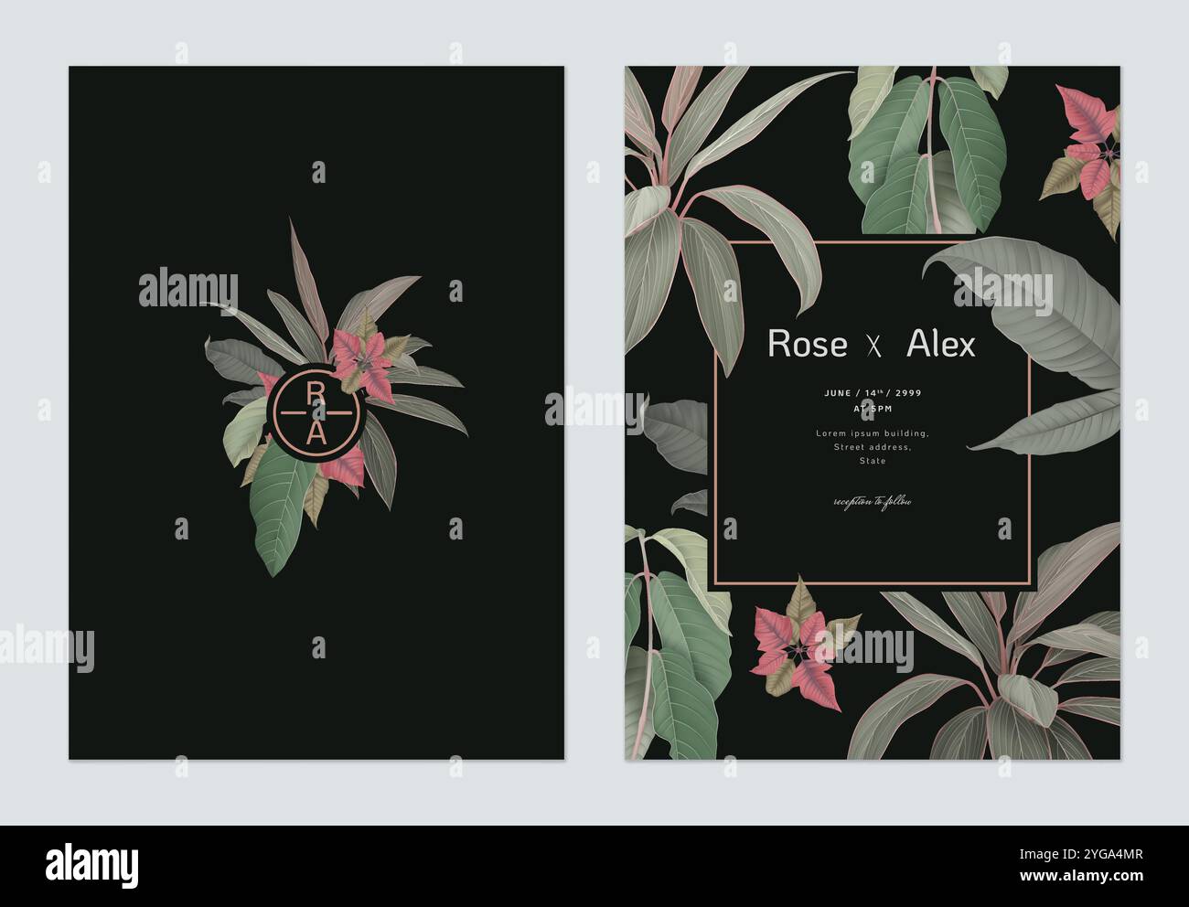 Foliage wedding invitation card template design, various plants on dark ...