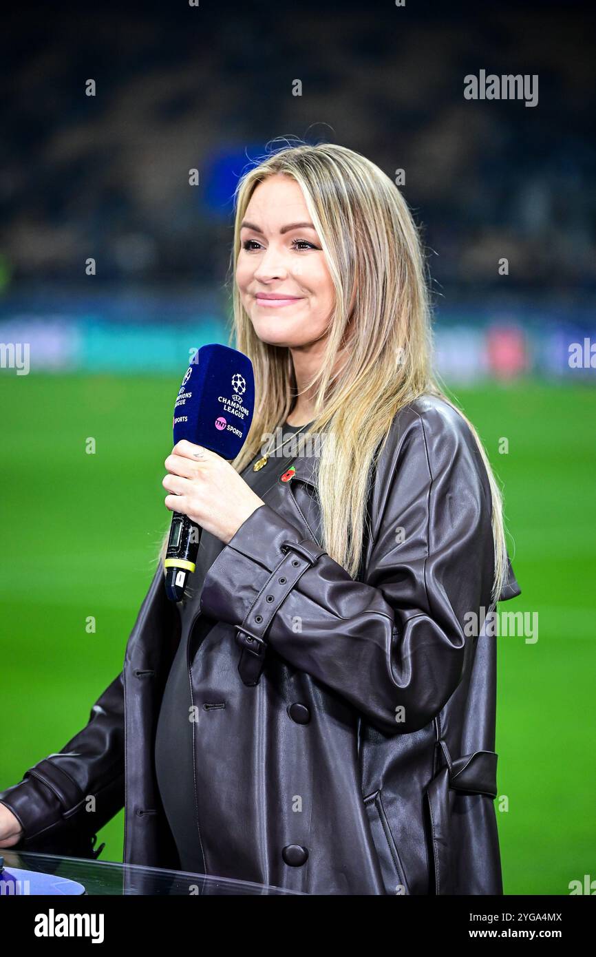 English presenter, Laura Woods, broadcasts ahead of the UEFA Champions ...