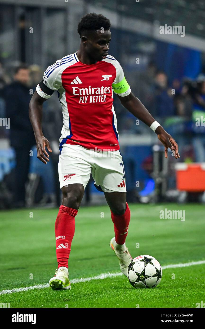 Bukayo Saka of Arsenal FC controls the ball during the UEFA Champions ...