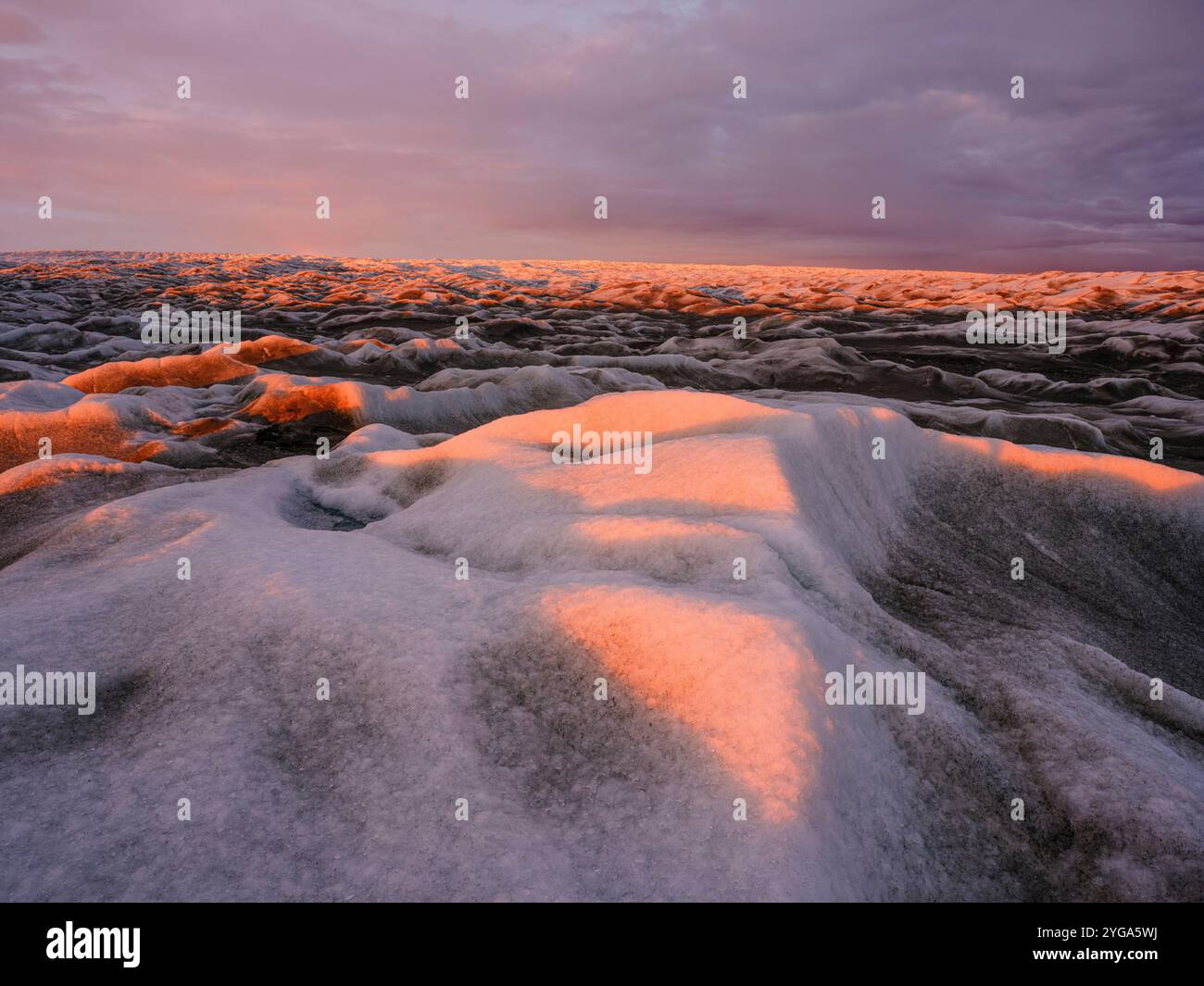 Midnight sun on the ice sheet. The brown sediment on the ice is created ...