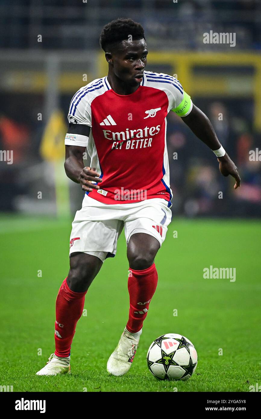 Bukayo Saka of Arsenal FC controls the ball during the UEFA Champions ...