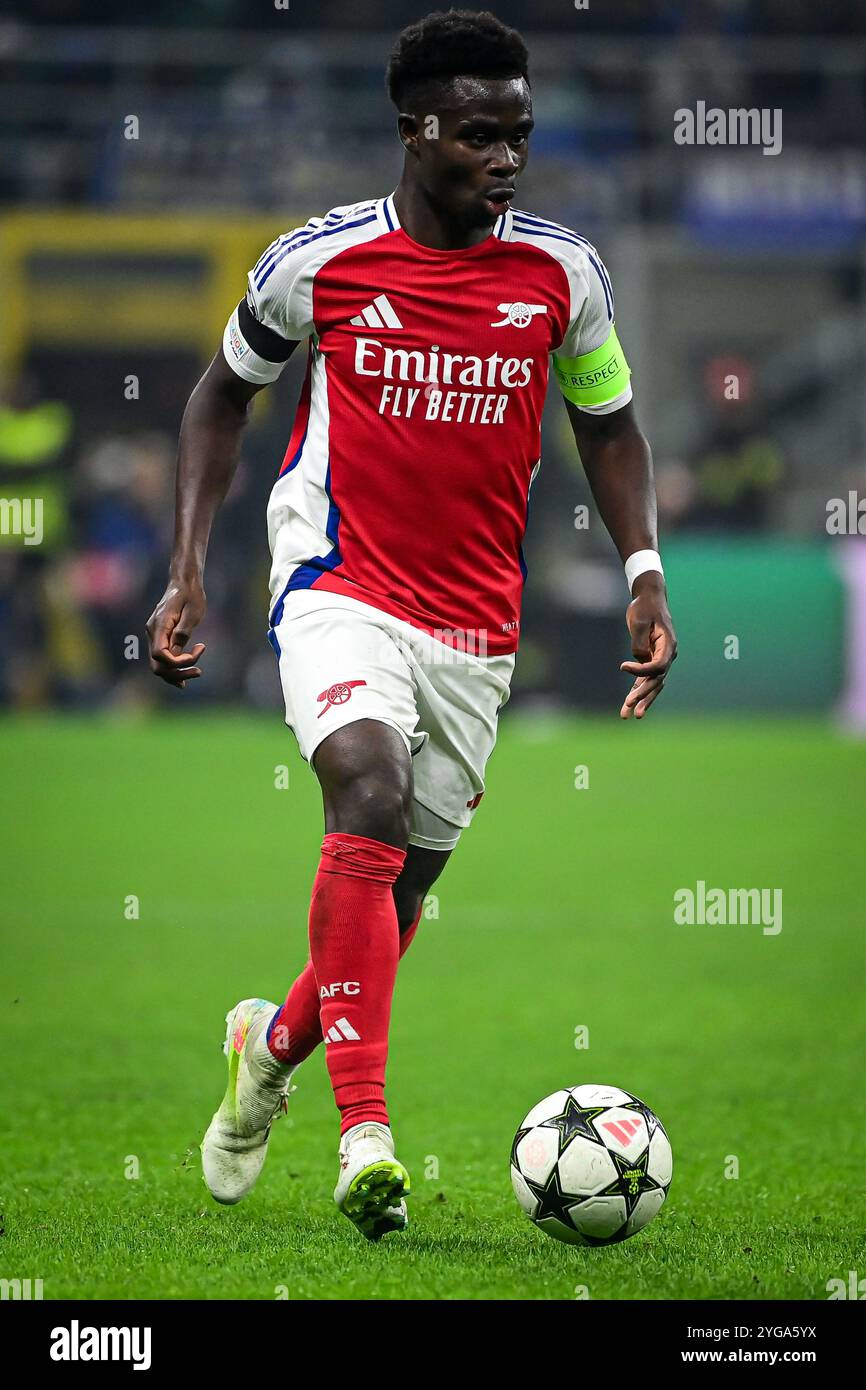 Bukayo Saka of Arsenal FC controls the ball during the UEFA Champions ...