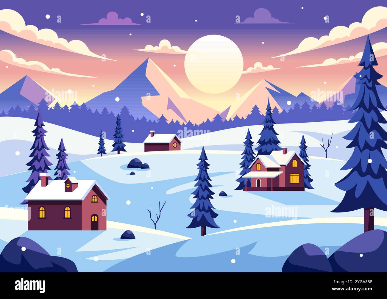 Charming Winter Village Vector Illustration featuring Cozy Houses in a ...