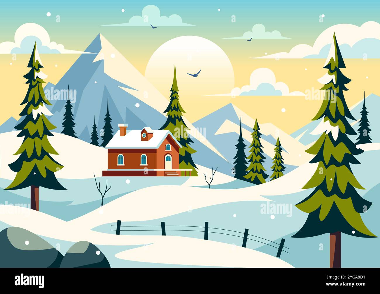 Charming Winter Village Vector Illustration featuring Cozy Houses in a ...
