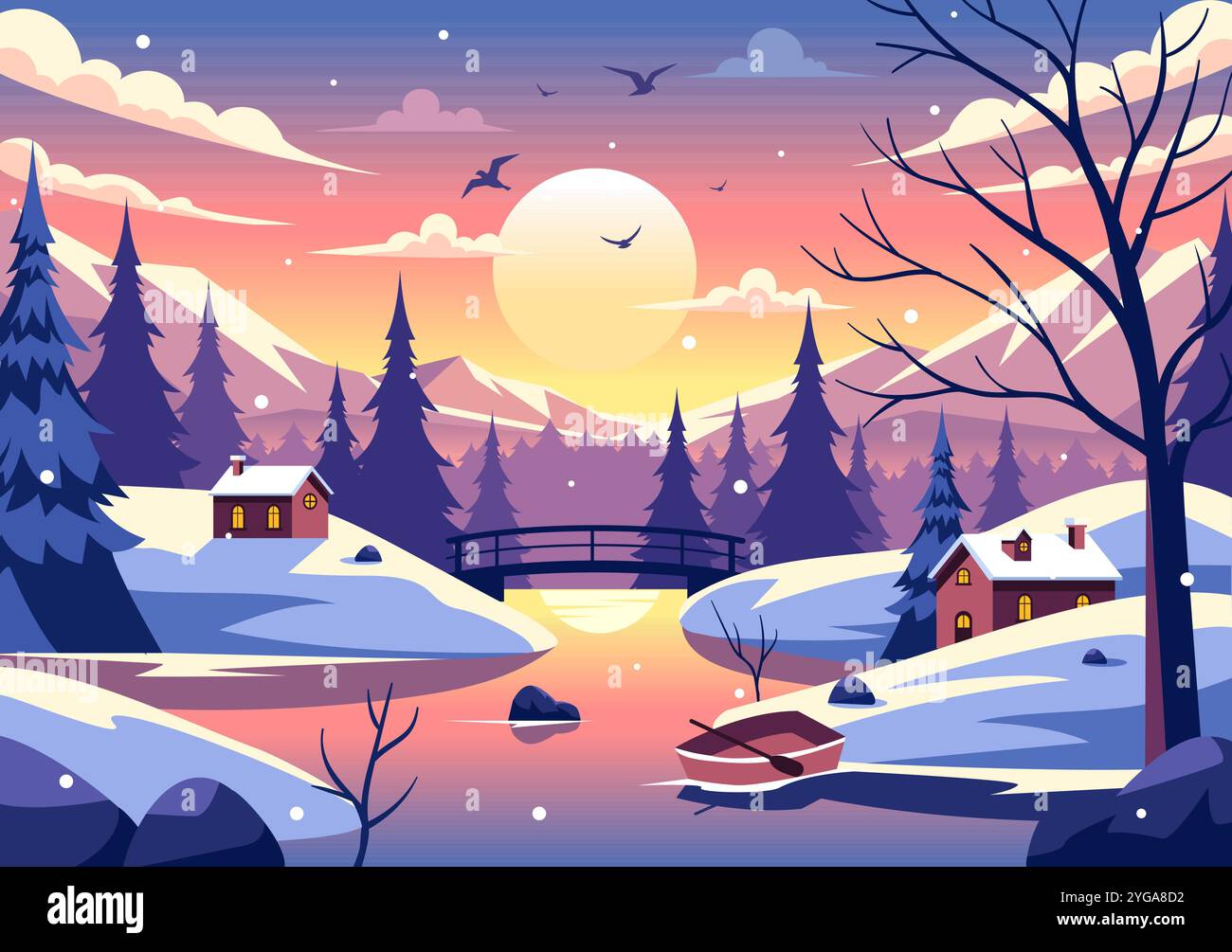 Charming Winter Village Vector Illustration featuring Cozy Houses in a ...