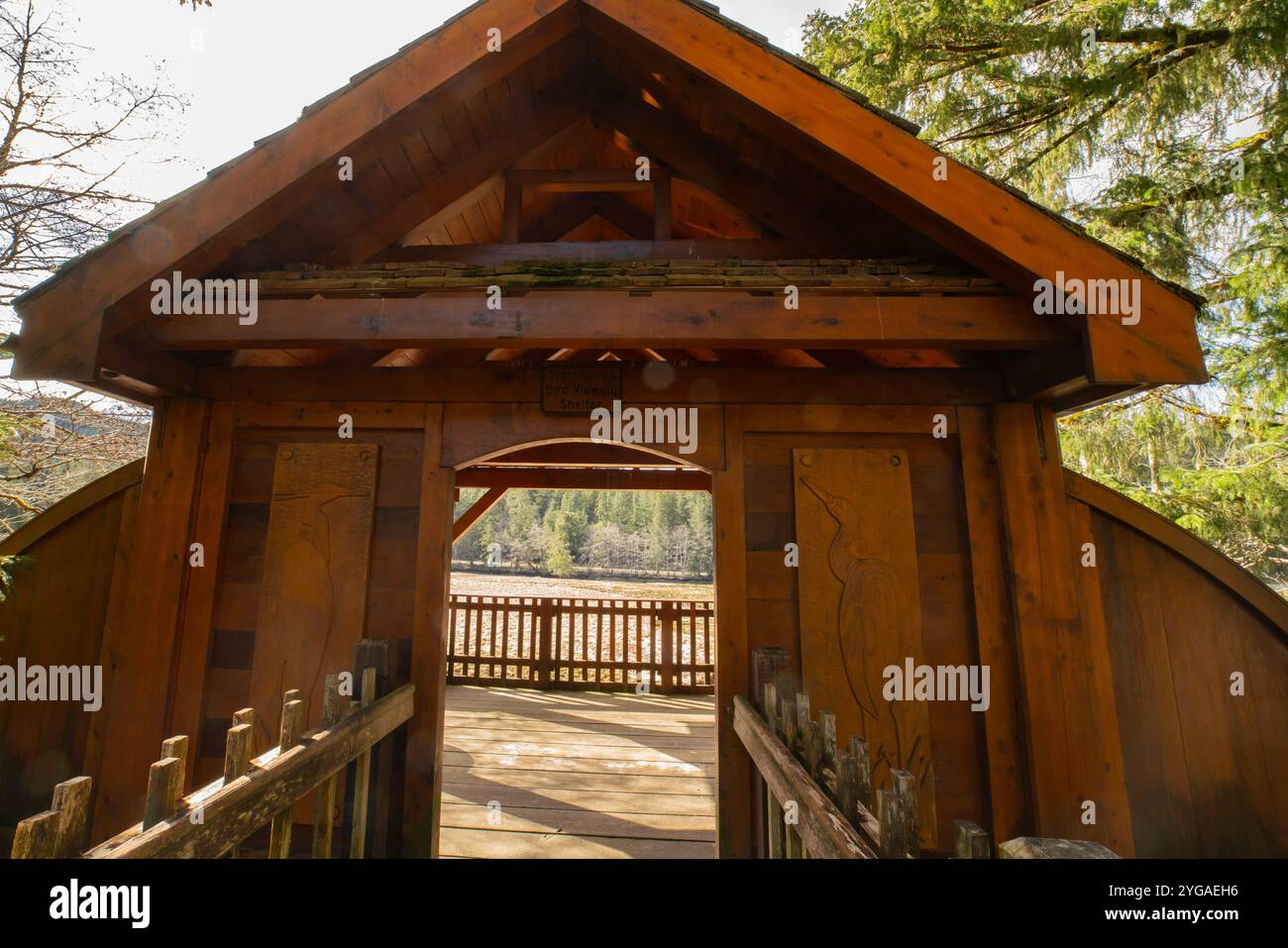 USA, Alaska, Sitka, Starrigavan Recreation Area. Entrance to viewing ...