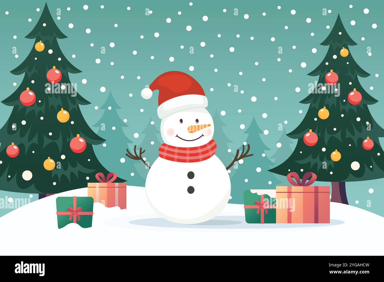 Snowman in snow field with gift boxes and christmas tree. Cartoon ...