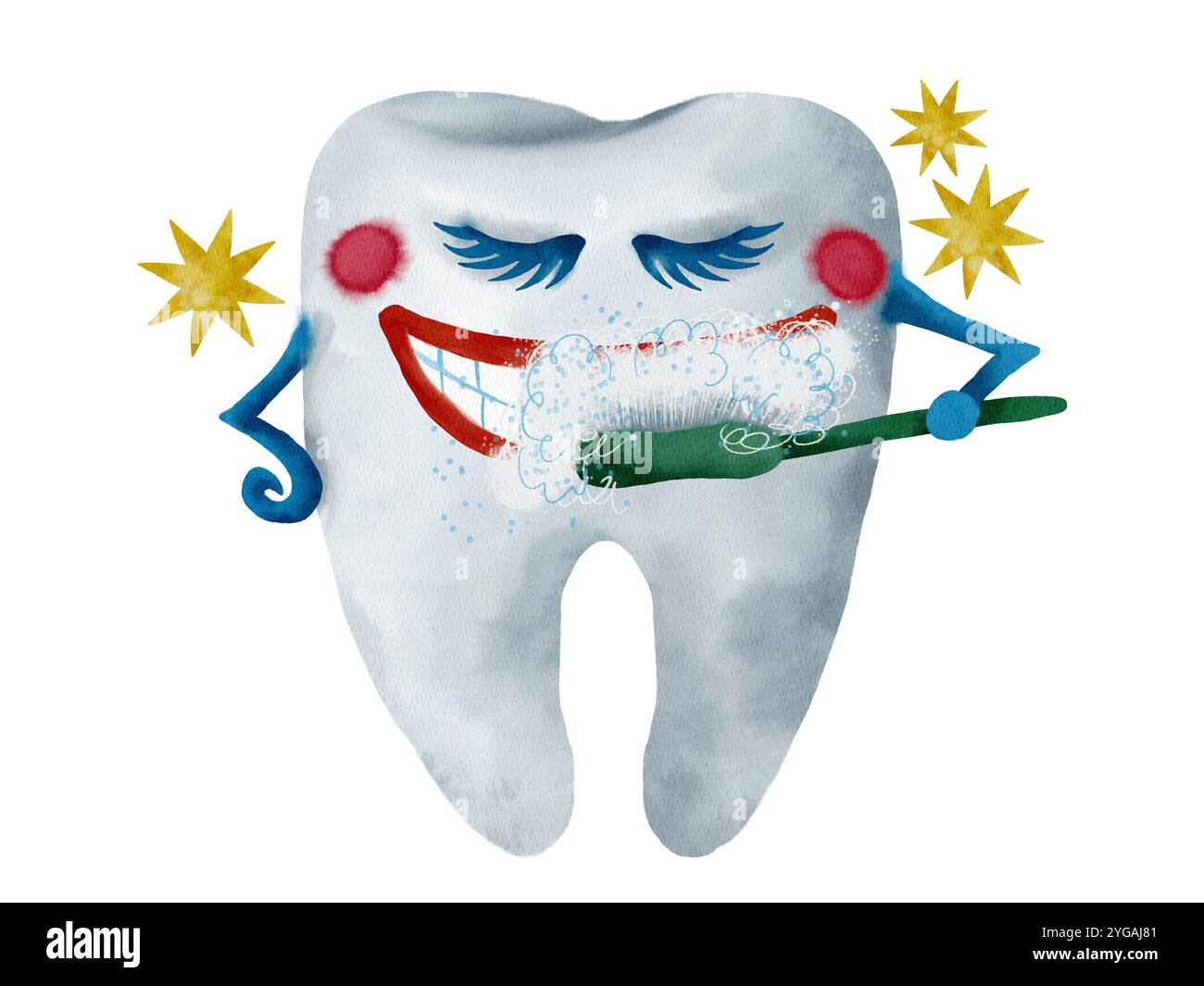 A cheerful cartoon tooth character happily brushes with a toothbrush ...