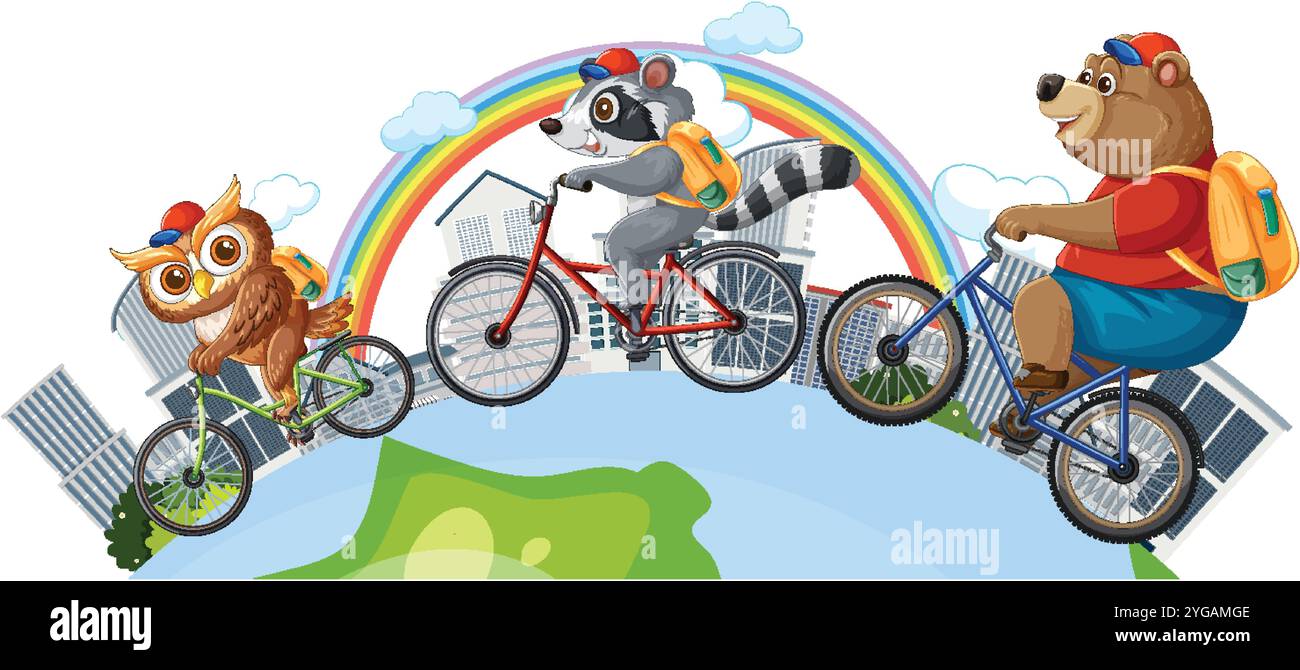 Owl, raccoon, and bear cycling together happily Stock Vector Image ...
